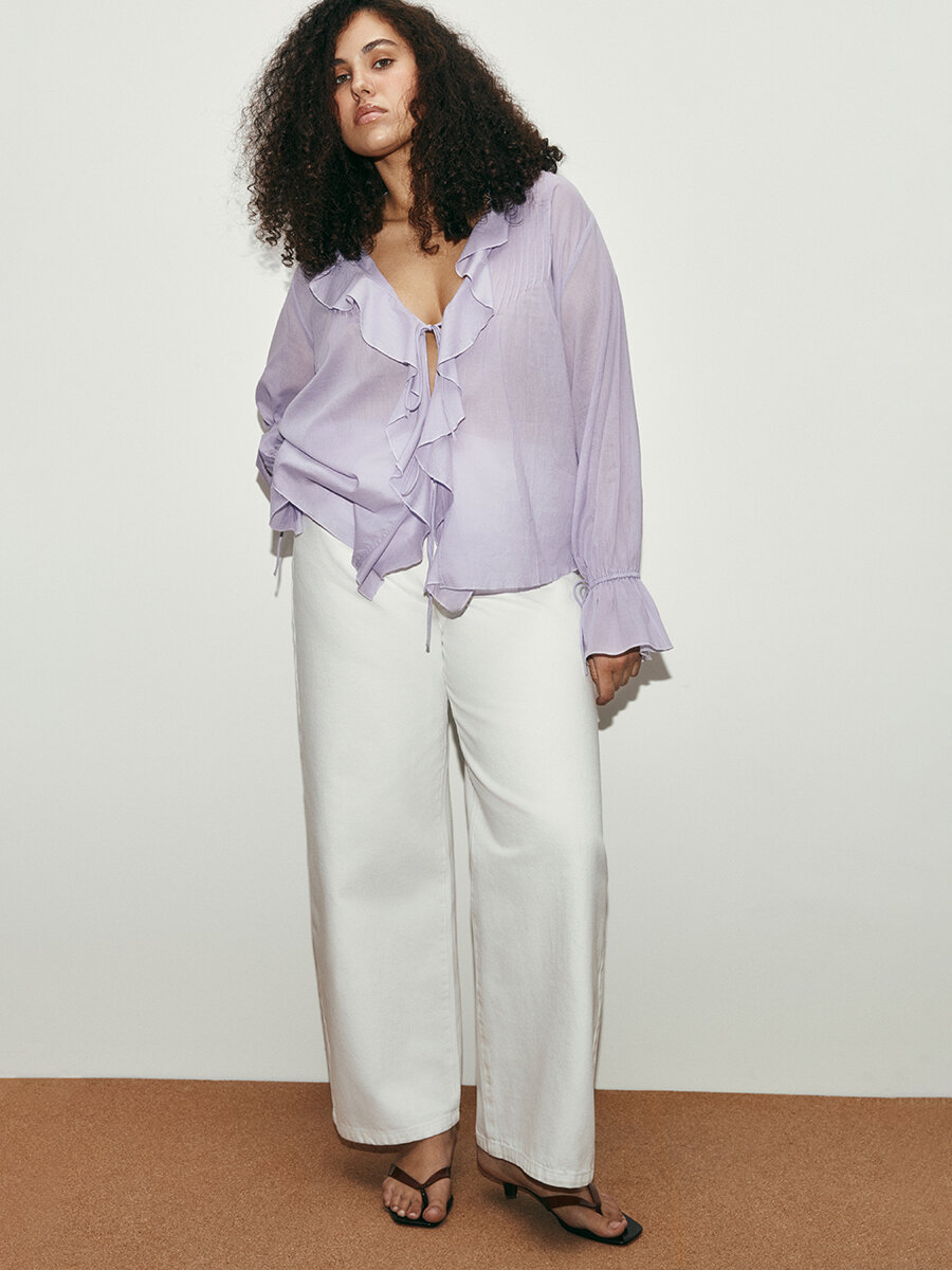 Блуза хлопковая на завязках с воланами больших размеров