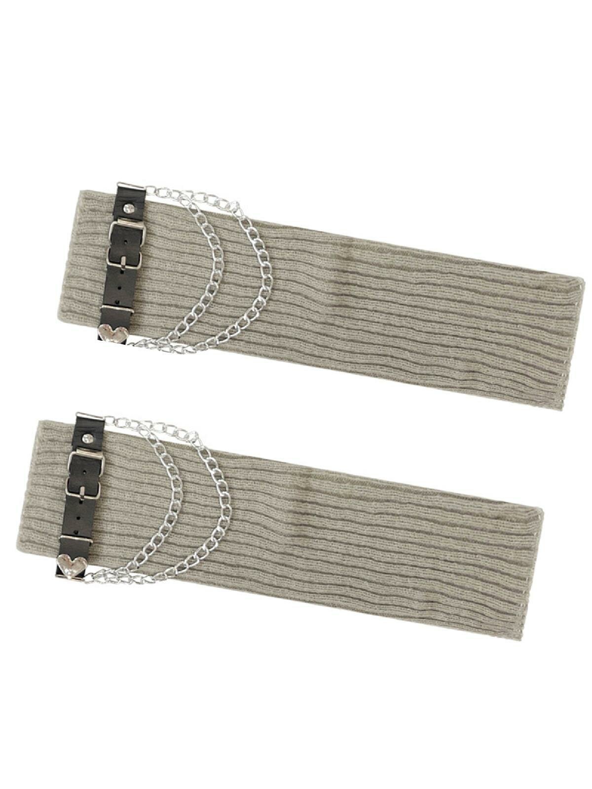 Вязаные гетры с кожаным ремнём и сердечками, светло -серый зеленый