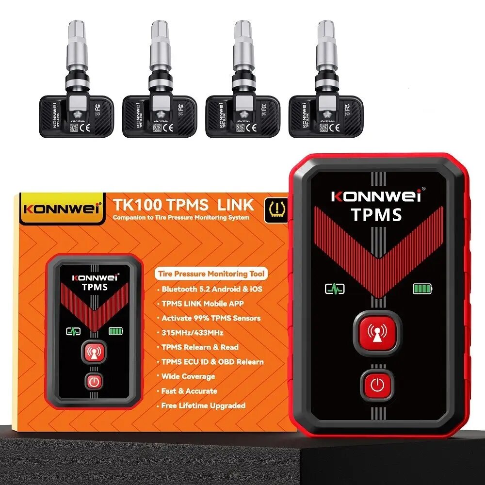 KONNWEI TK100 TPMS с 4 датчиками для iPhone, iOS, Android: Программирование, переобучение, активация и сброс датчиков TPMS