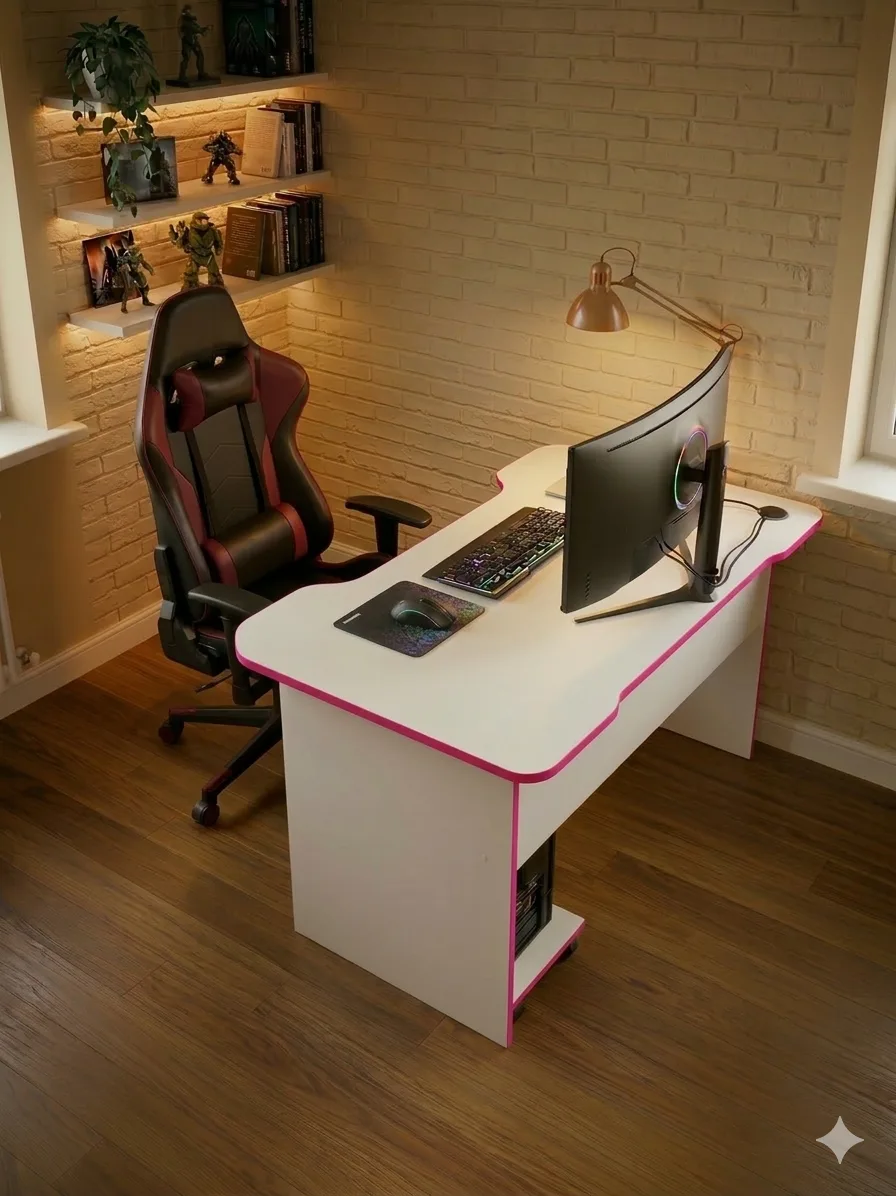 Cтол геймера, игровой, компьютерный. белый лдсп/розовый кант,110 см