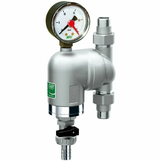 Фильтр Far 100мкм, с манометром, Max: 95 °C, 25 бар. Поворотное соединение 1/2" НР