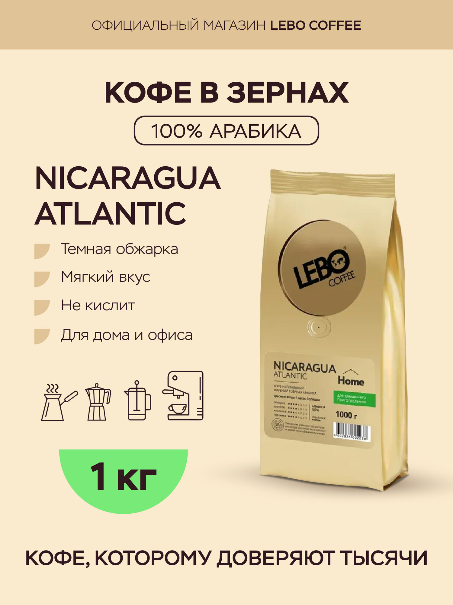 Кофе в зернах 1 кг Lebo NICARAGUA ATLANTIC Home, Премиум Арабика 100%