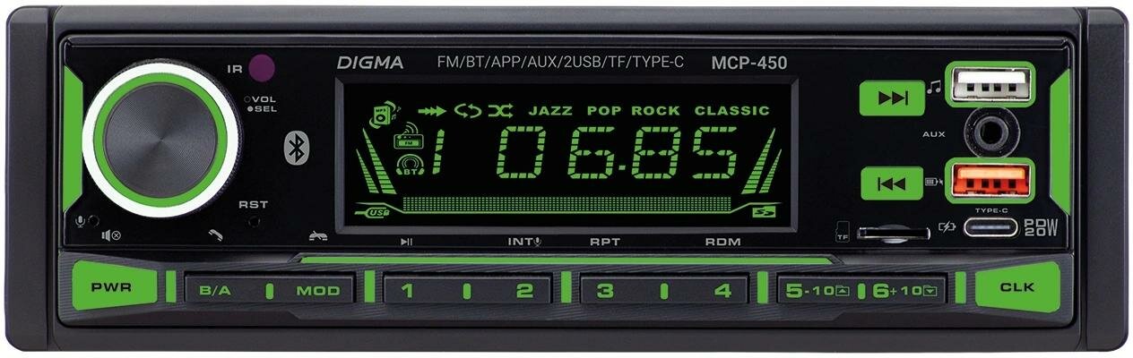 Автомагнитола DIGMA 1DIN 4х45 Вт, v5,0 USB 2,0 AUх 4 ПДУ (MCP-450)
