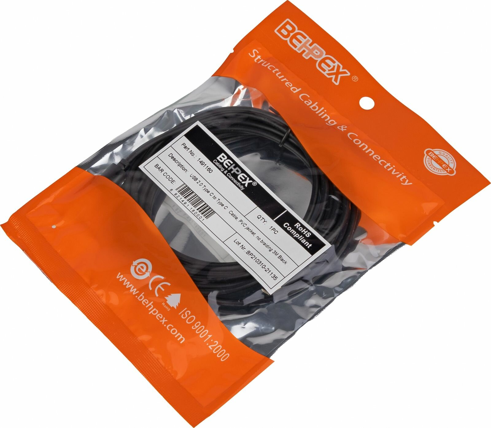 Кабель USB Type-C m-USB Type-C m, 3 м, черный