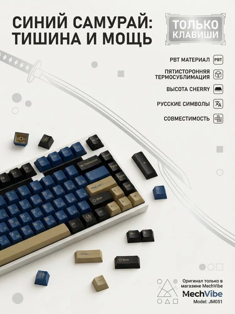 Кейкапы PBT "Blue Samurai" (Синий Самурай) Cherry Профиль, Русская раскладка, 137 клавиш, для 75% TKL клавиатур (Premium Set)