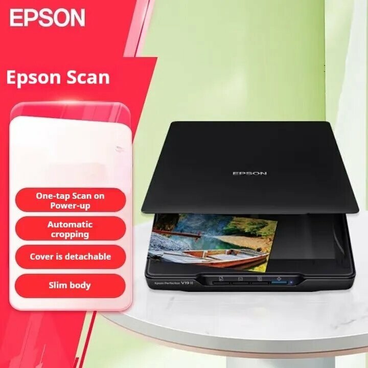 Сканер Цветной планшетный сканер фотографий и документов Epson Perfection V19 II с оптическим разрешением 4800 точек на дюйм, питанием от USB и высокой съемной крышкой, черный