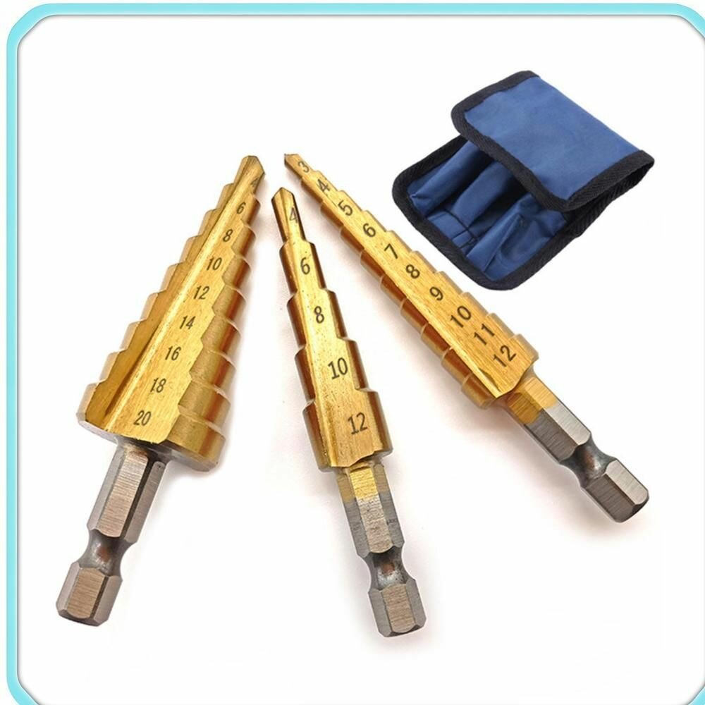 Сверла ступенчатые, набор 3 предмета, быстрое сверление для дерева и металла