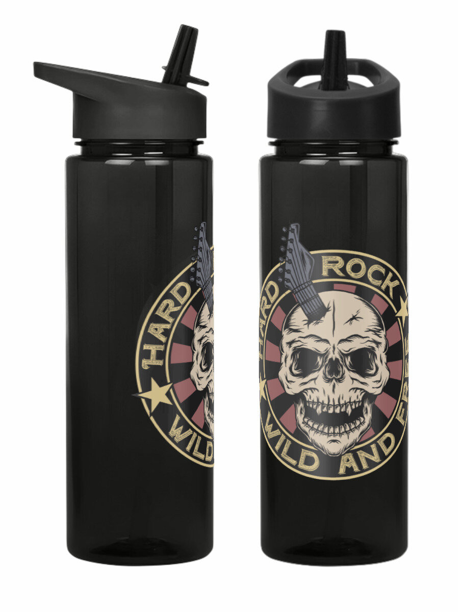 Бутылка черная для воды с принтом Череп тяжелый рок. Дикий и свободный. Скелет, гитара