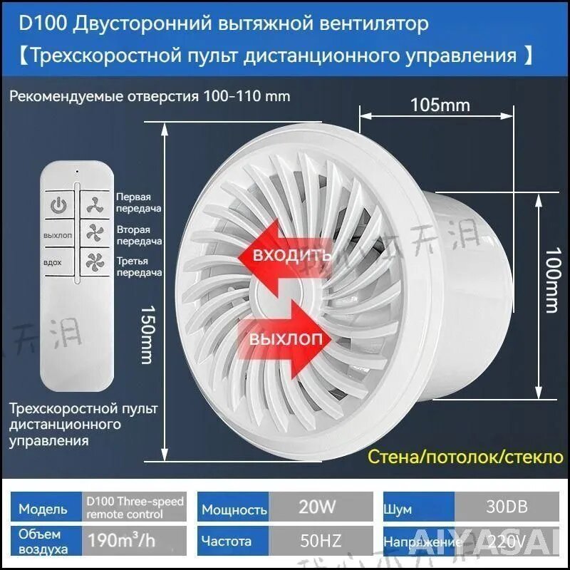 Вентилятор вытяжной D100, приточно-вытяжной, 190 м3/ч, 20 Вт, для стен и потолков, белый
