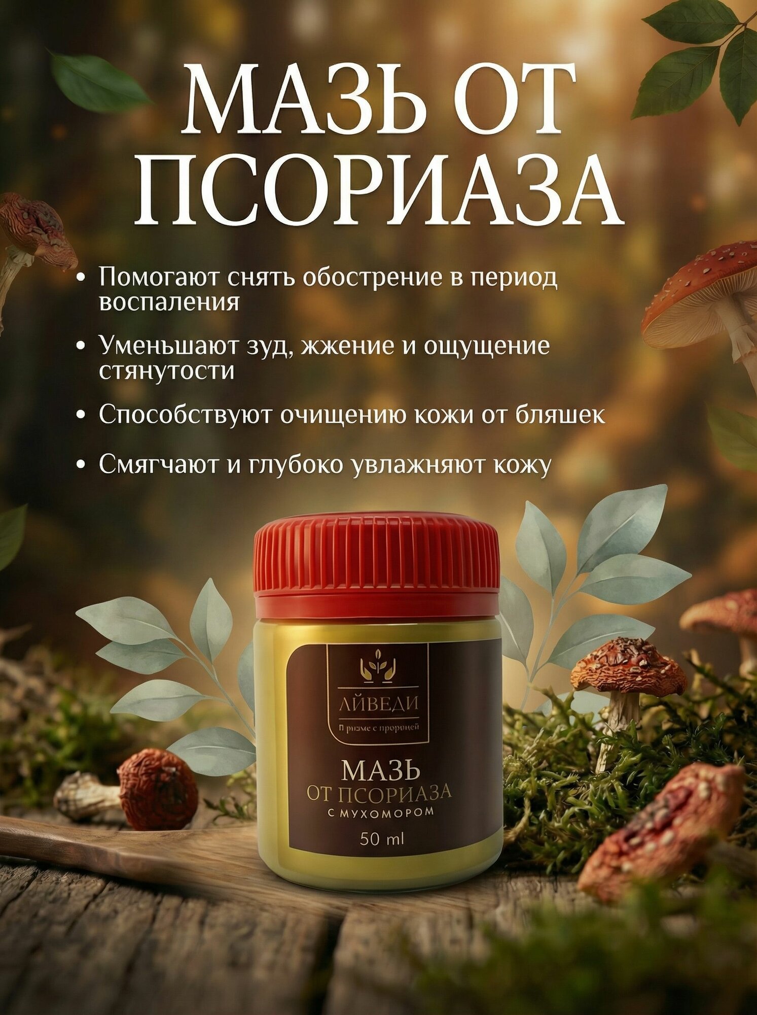 Мазь от псориаза с мухомором (при дерматитах, нейродермитах, экземах, лишаях) 50 мл.