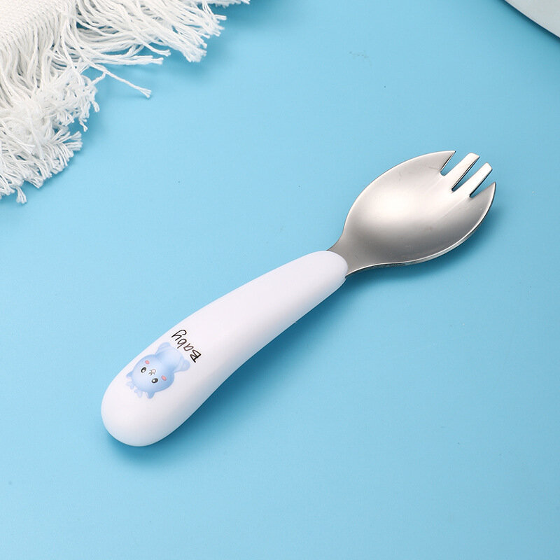 Вилка из нержавеющей стали 304 для обучения малышей, белая с рисунком синего олени, нетоксичный материал