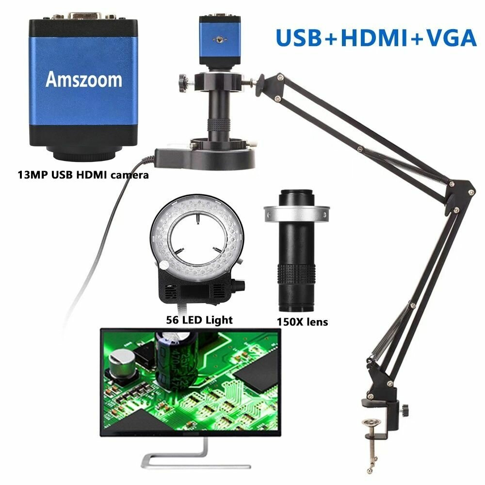 Микроскоп для пайки цифровой с камерой 2К 13MP HDMI USB, увеличение 150Х, 35*35cm Металлы усиленный кронштейн