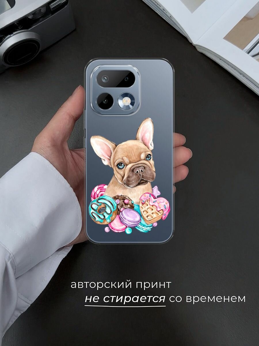 Чехол на Realme 16 Pro / Реалме 16 Про с принтом Бульдог и сладости, прозрачный — фото 1