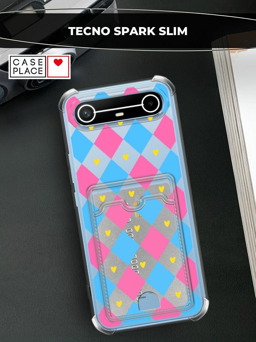 Чехол на Tecno Spark Slim (Текно Спарк Слим) с картой и принтом Желтые сердечки и ромбики