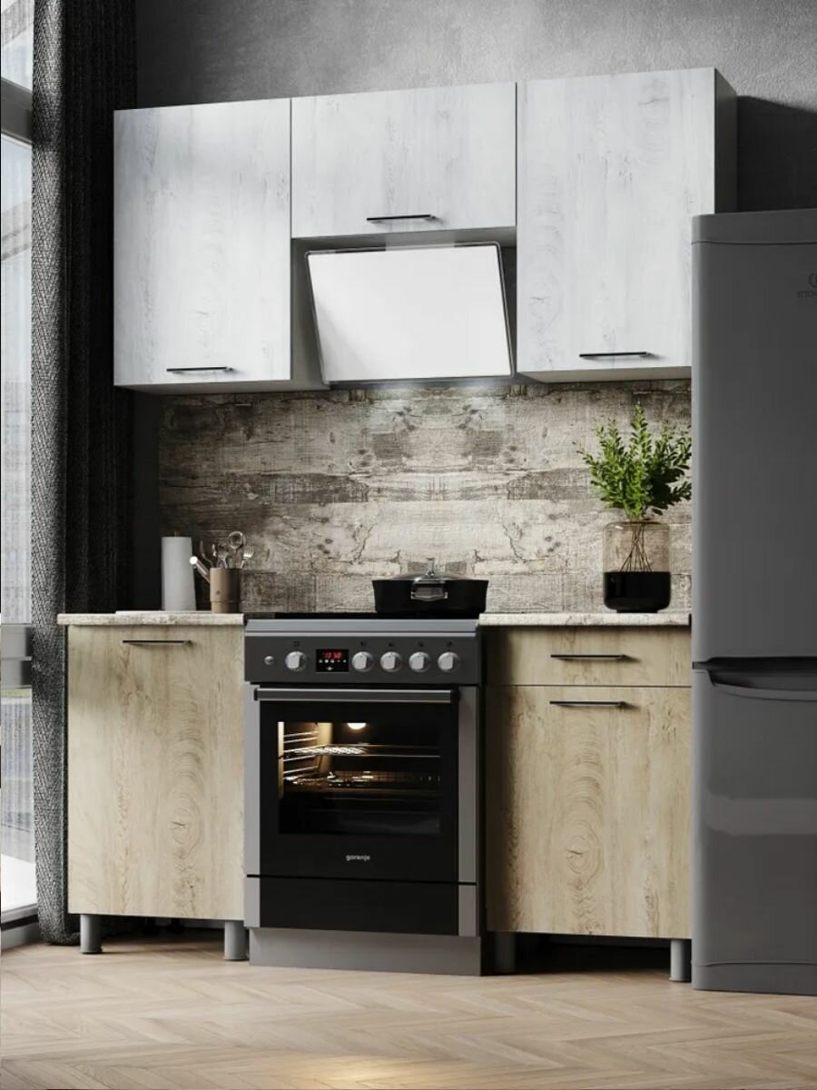 Кухонный гарнитур (кухня) Палермо 1.6 м с окапом, ЛДСП/МДФ, Белый/Дуб Остин Серый/Дуб Остин Бежевый, 1600х2160х430, тэкс