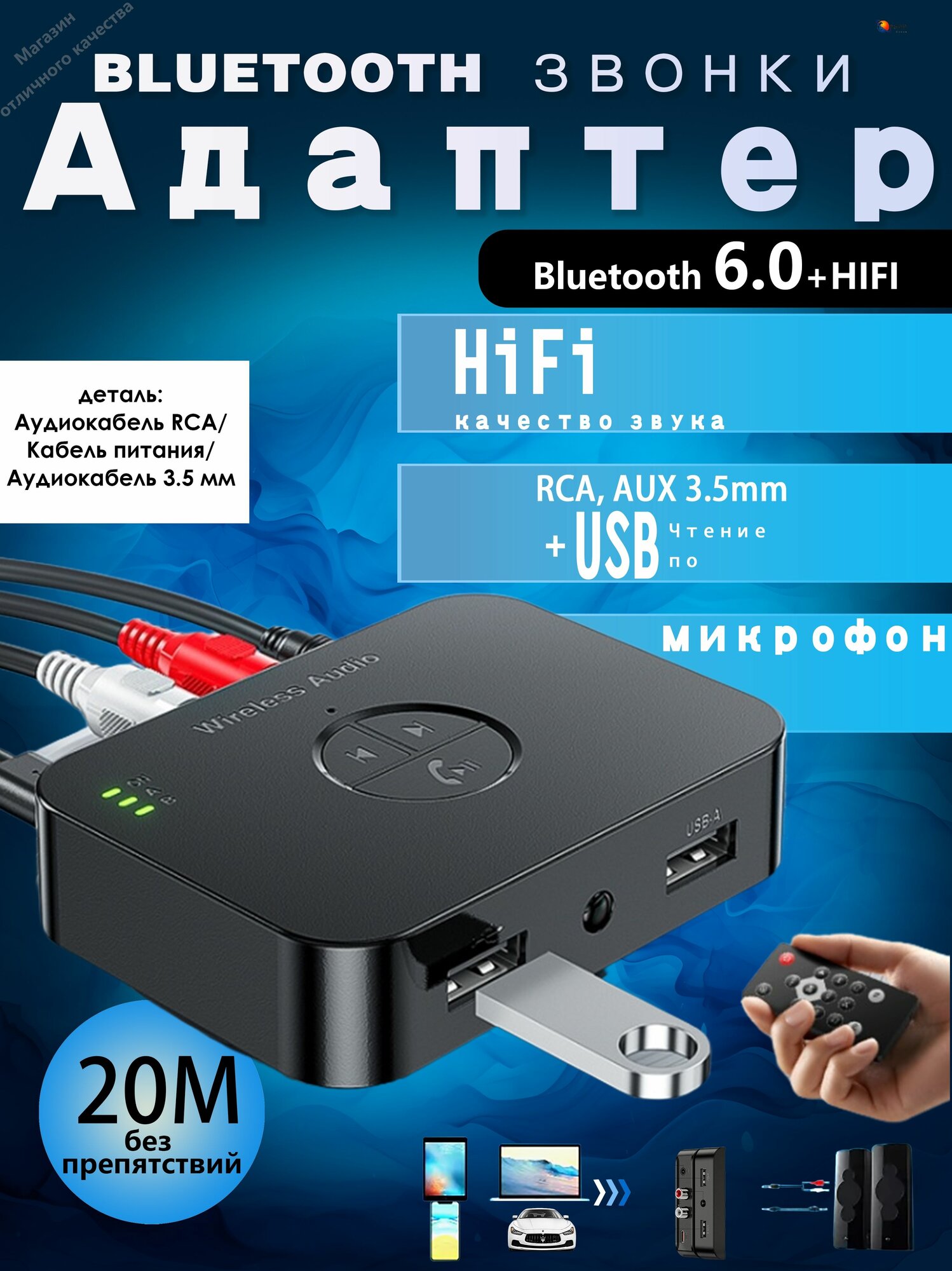 Bluetooth 6.0 аудио ресивер RAYEE M2R с пультом ДУ и APP, поддержка USB, двойной выход RCA/AUX, для старой акустики и усилителя