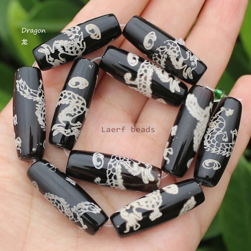 Тибетские агатовые бусины Laerf beads, овальные, 3 шт. Черный, Dragon