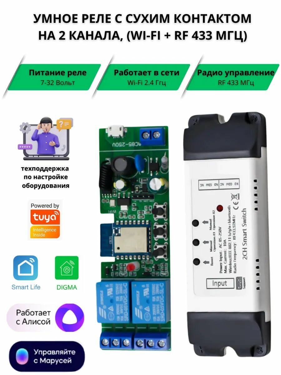 Умное реле 2-канальное 12В Wi-Fi Tuya + RF 433 МГц, с Алисой
