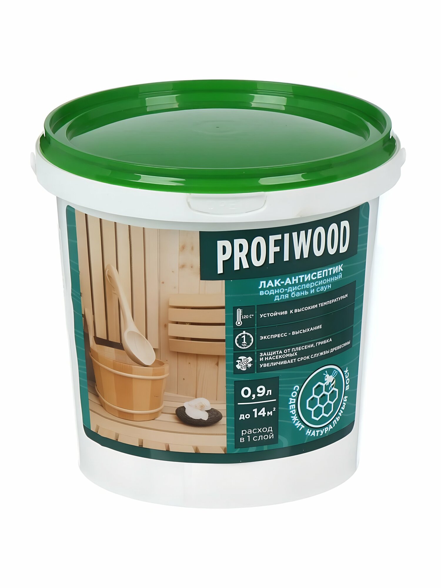 Лак-антисептик Profiwood, воднодисперсионный, полуглянцевый, полиакриловый, для внутренних и наружных работ, 0.9 кг