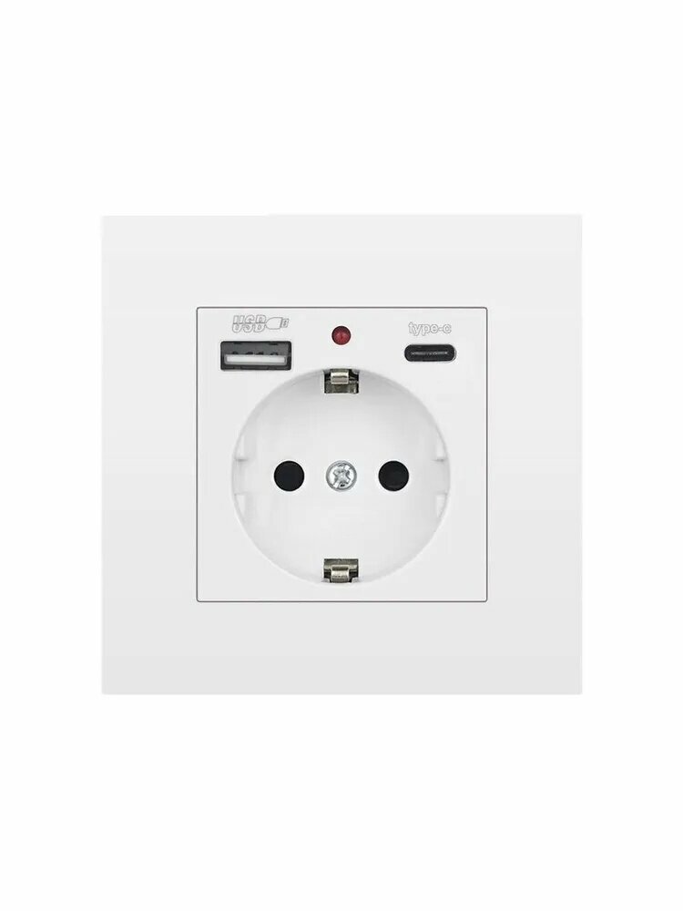 Встраиваемая розетка с USB белая квадратная, (Type A и Type C) 220В с заземлением и защитой от короткого замыкания, со шторками