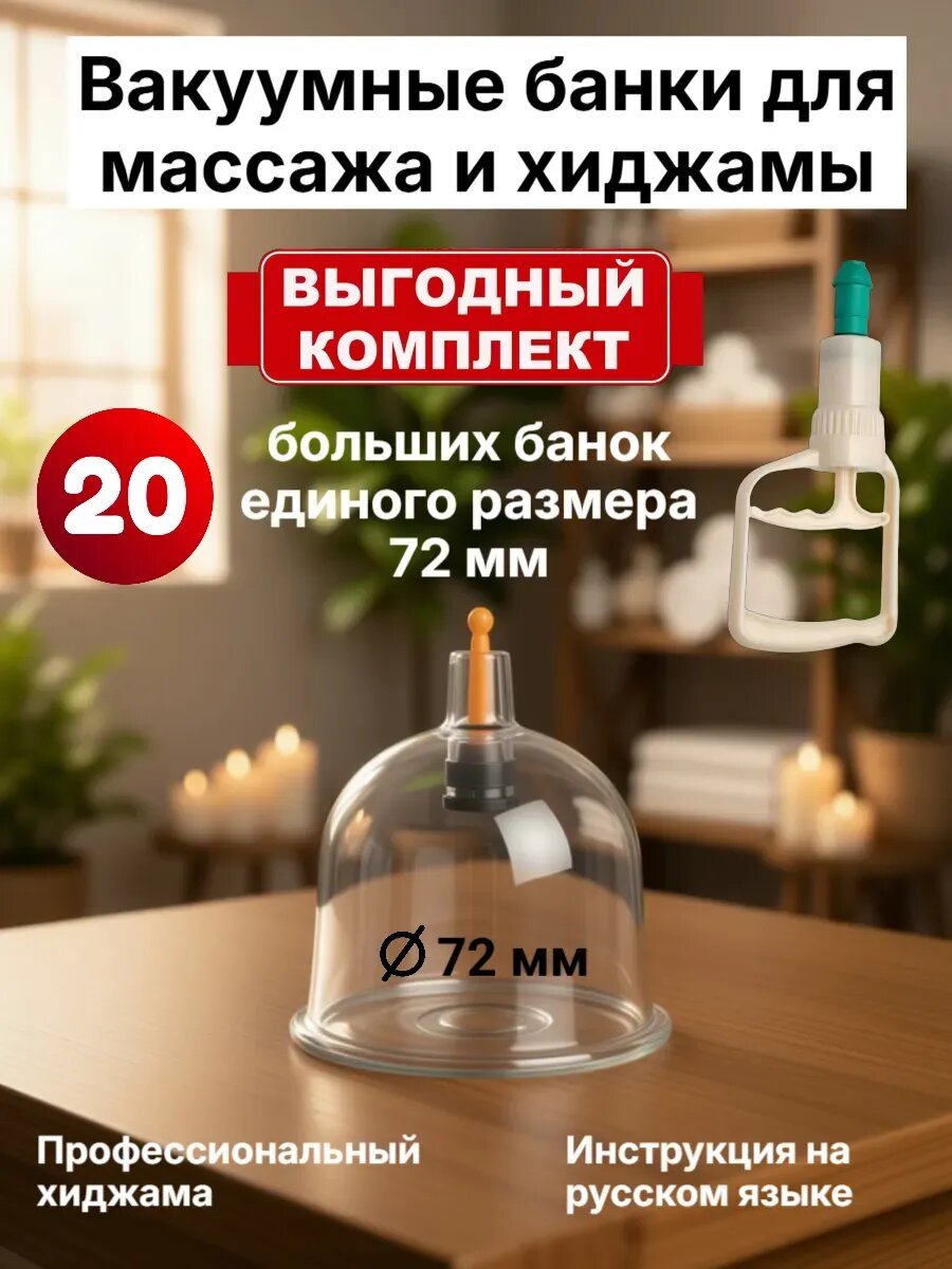 Банки вакуумные для массажа, хиджама, с насосом, лимфодренажный эффект, профессиональный набор Dailix, 72 мм х 20 шт,