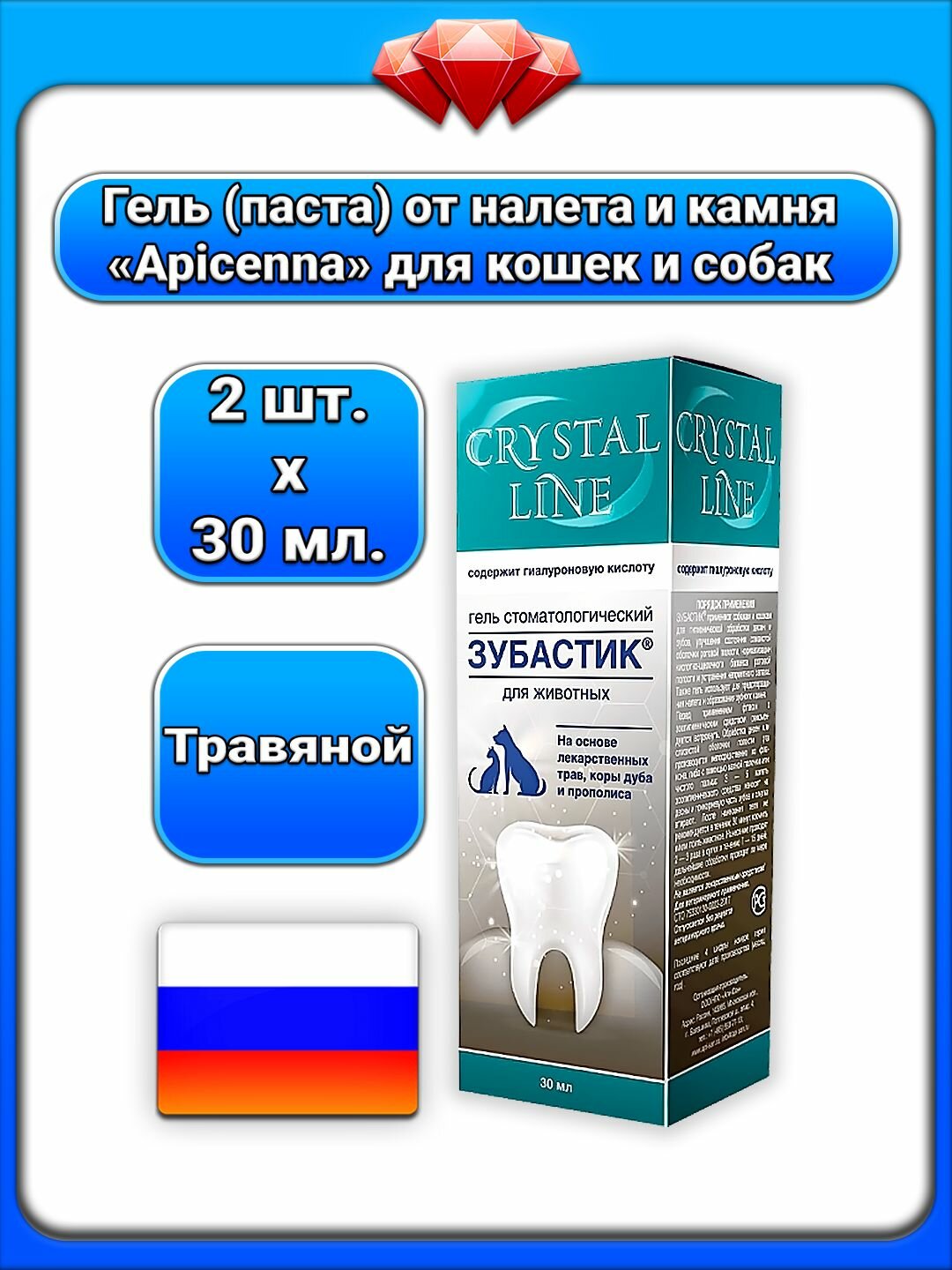 (2 x 30 мл) / Apicenna (CRYSTAL LINE) Зубастик, гель стоматологический для животных, средство для ухода за зубами и деснами, удаление налета и профилактика зубного камня.