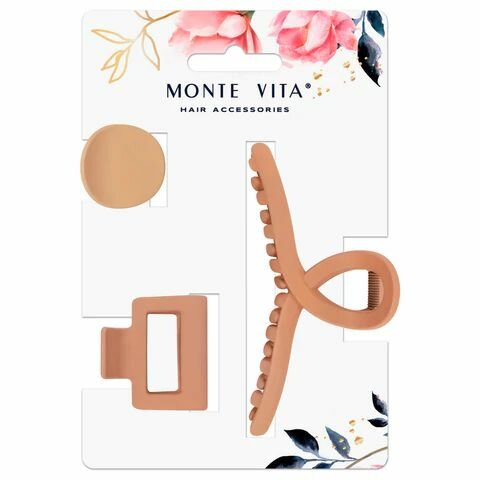 12 шт. Крабы для волос набор 3 шт, 4 см / 5 см / 11 см, soft touch, коричневый, MONTE VITA (монте вита), 457031