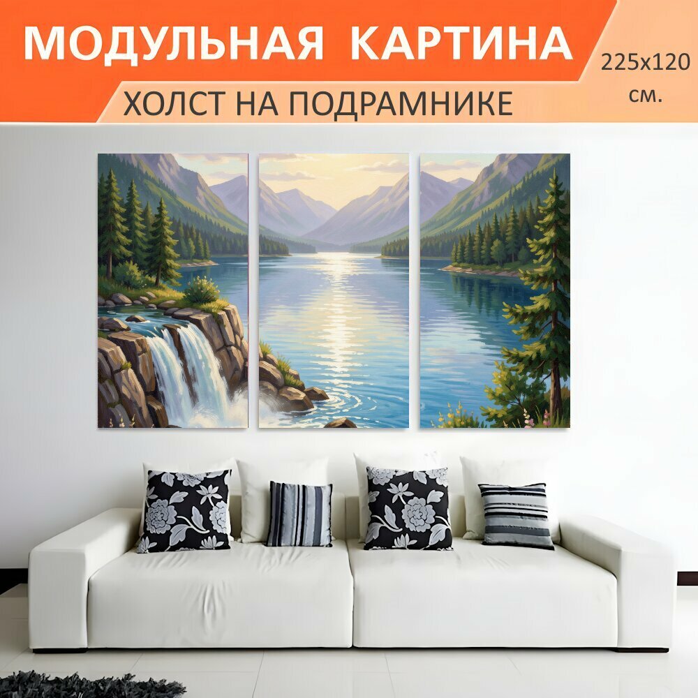 Модульная картина на холсте "Горное озеро с водопадом. Живописная альпийская долина с зеркальной водой, скалистым каскадом, хвойным." триптих на подрамнике 225х120 см. для интерьера