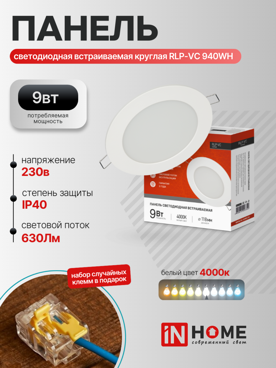 Панель светодиодная встраиваемая круглая RLP-VC 9Вт 230В 4000К 630Лм 118мм белая IP40 IN HOME