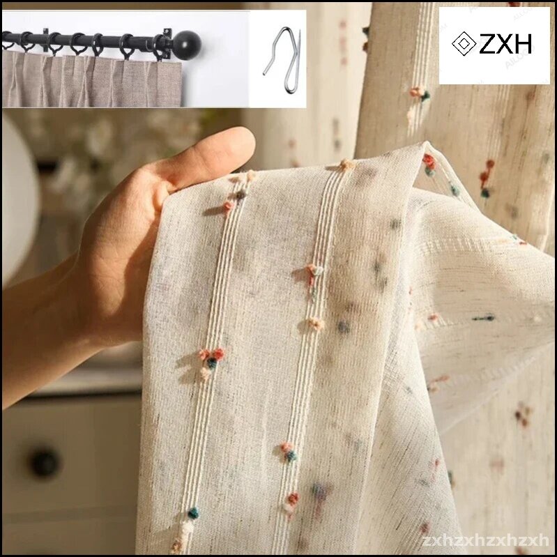 Льняные просвечивающие шторы с вышивкой, Fixed Pleat, 1PC-W300xH270cm