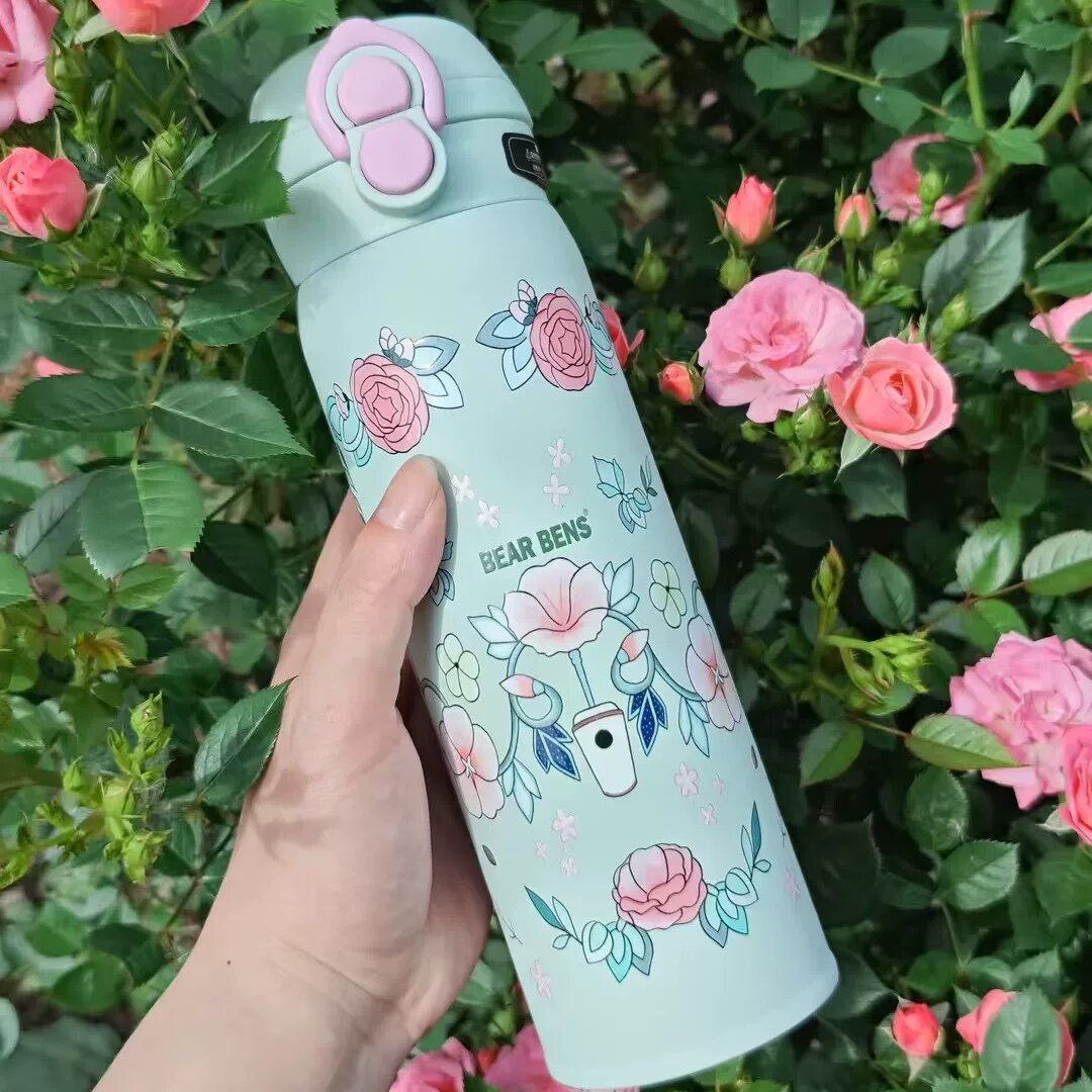 Мини-кружка Milk Cup с изолированием, нержавеющая сталь 316L, двойной носик, портативная ручка, 480 мл - дизайн 'Летние