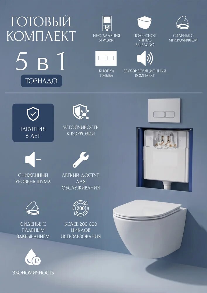 Комплект 5 в 1 Унитаз подвесной BelBagno Uno BB5177CH-TOR/SC / Инсталляция с кнопкой STWORKI Кронборг S28500WH / Крышка-сиденье, Комплект шумоизоляции
