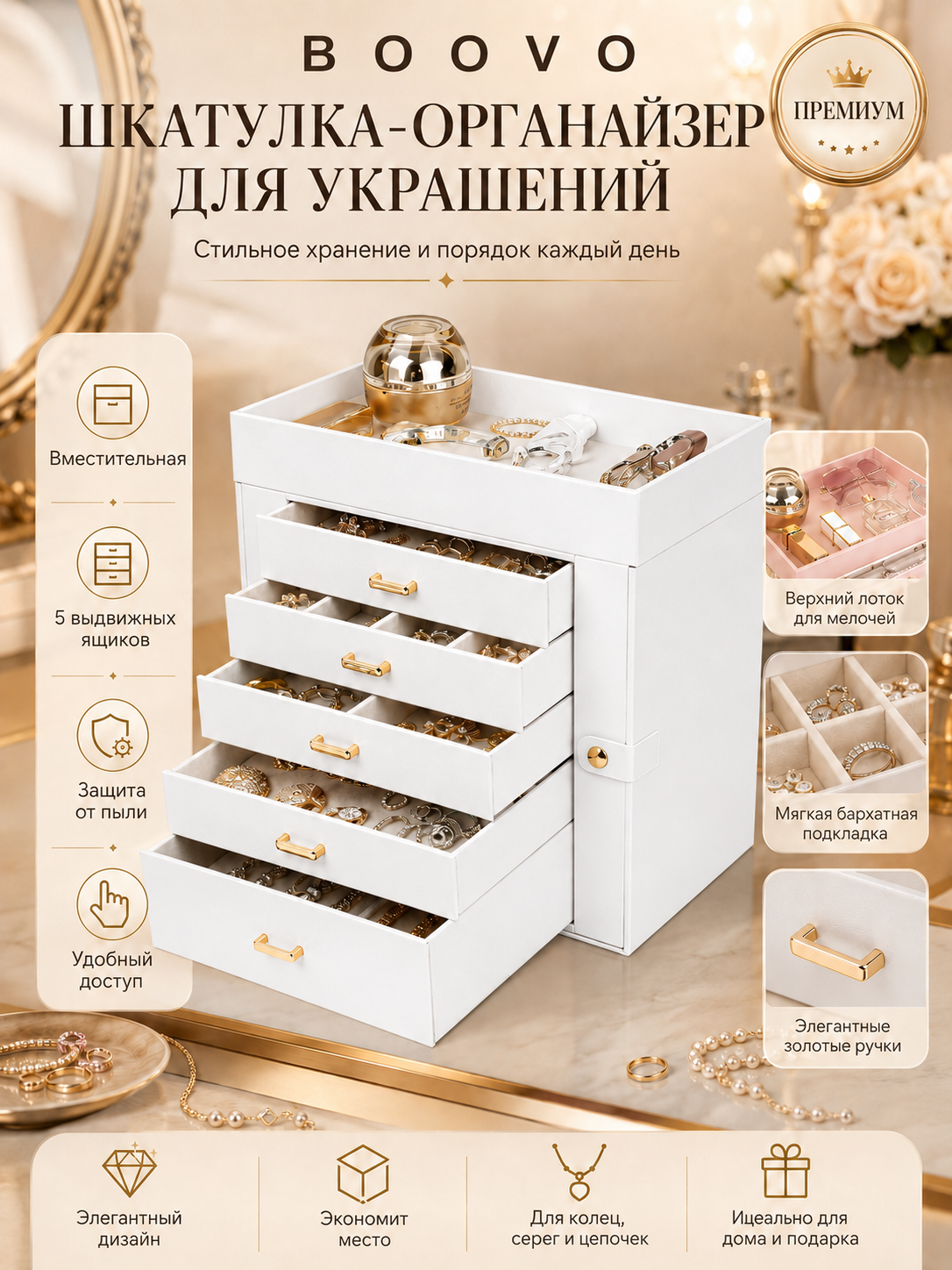 BOOVO Шкатулка-сундук Универсальная, 1 шт, для хранения украшений и мелочей дома