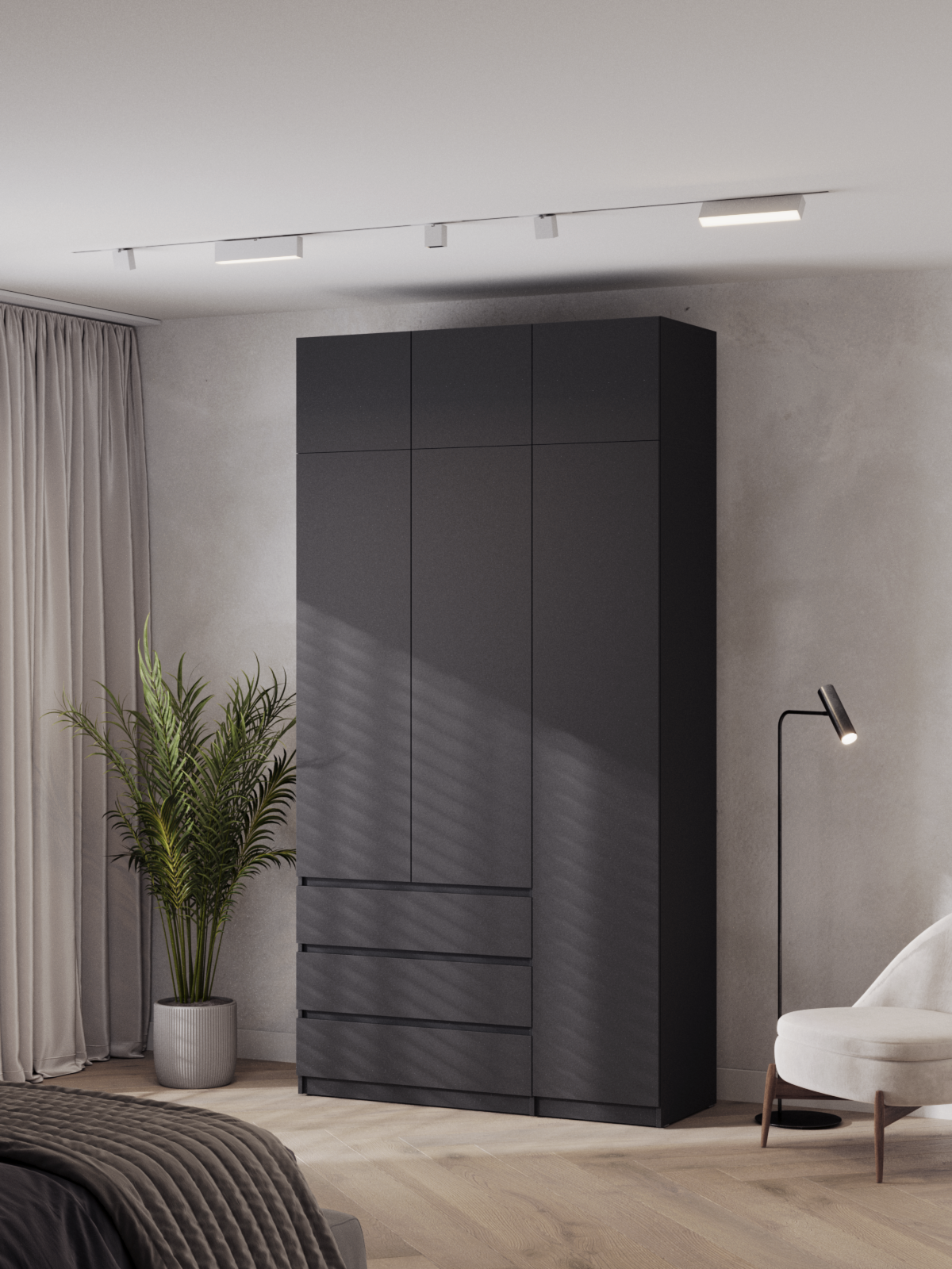 Шкаф для одежды Нонтон Грандис, 135x50x260 см, с антресолью, 3 ящика и 5 полок, графит