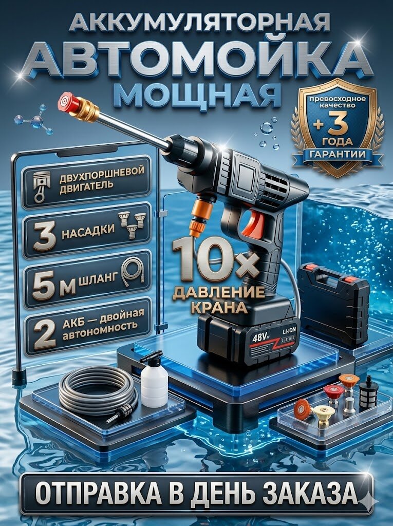 Мойка высокого давления аккумуляторная для автомобиля, Автомойка, в кейсе 2 аккумулятора, 3 насадки