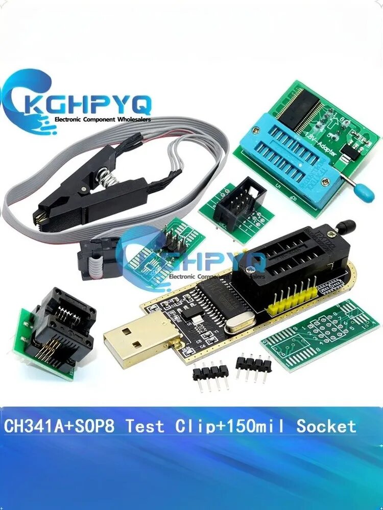 CH341A программатор USB для прошивки BIOS с адаптерами SOIC8 + SOP8 клипса + кабель + переходник 1.8V Обновление EEPROM и FLASH памяти Ремонт ноутбуков и электроники