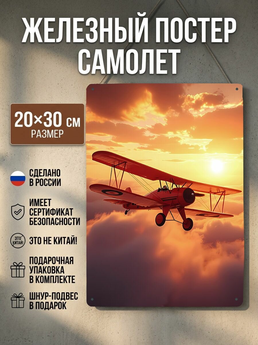 Железный постер Арт-Декоро "Самолет Авиация", металл, 20x30 см, подарочная упаковка