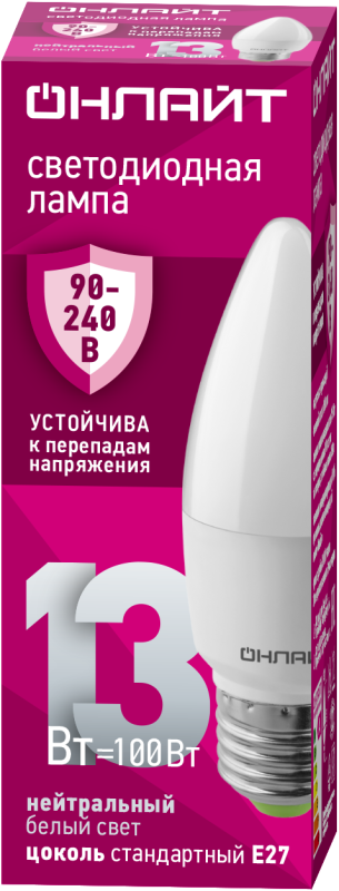 Лампа светодиодная 90 417 OLL-C37-13-230-4K-E27-FR 13Вт свеча 4000К E27 90-240В PRO онлайт 90417