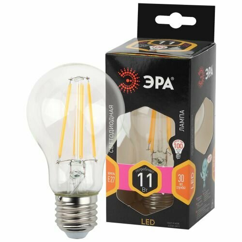 Лампа светодиодная филаментная F-LED A60-11W-827-E27 11Вт A60 грушевидная 2700К тепл. бел. E27 Эра Б0035025