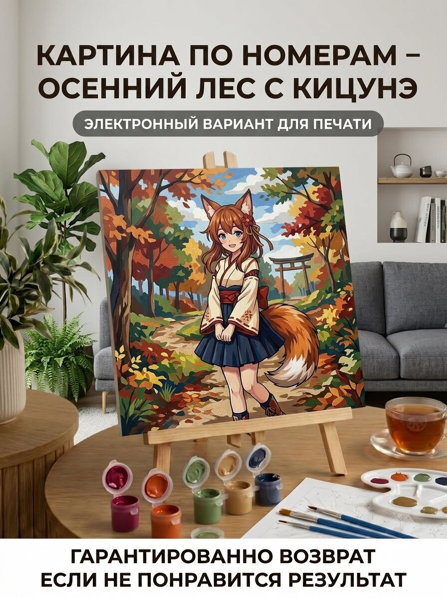 Картина по номерам "Осенний лес с кицунэ", на холсте, PDF-инструкция