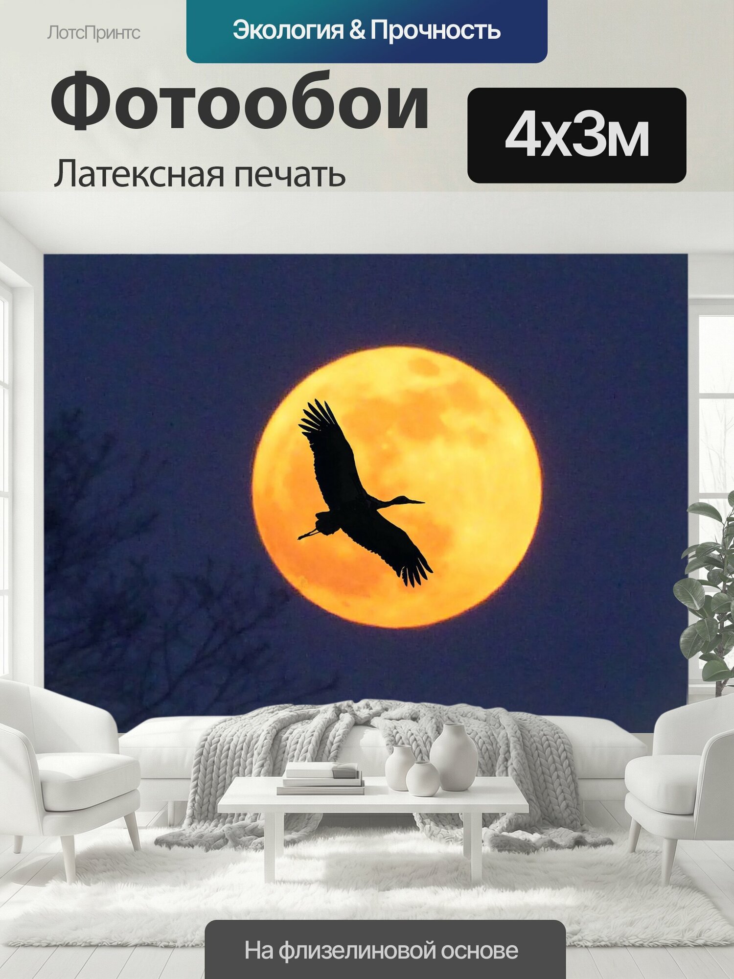 Фотообои моющиеся ударопрочные "Аист, луна, полнолуние" 400x300 см. латексная печать