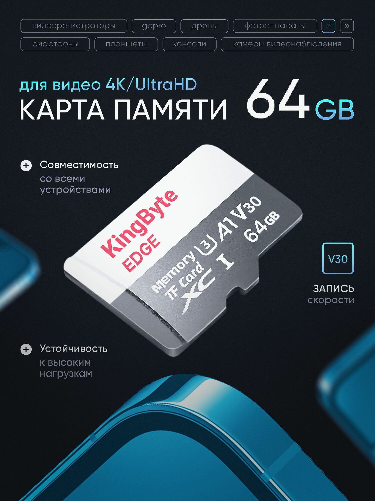Карта памяти micro sd 64 Гб для видеорегистратора и телефона флешка