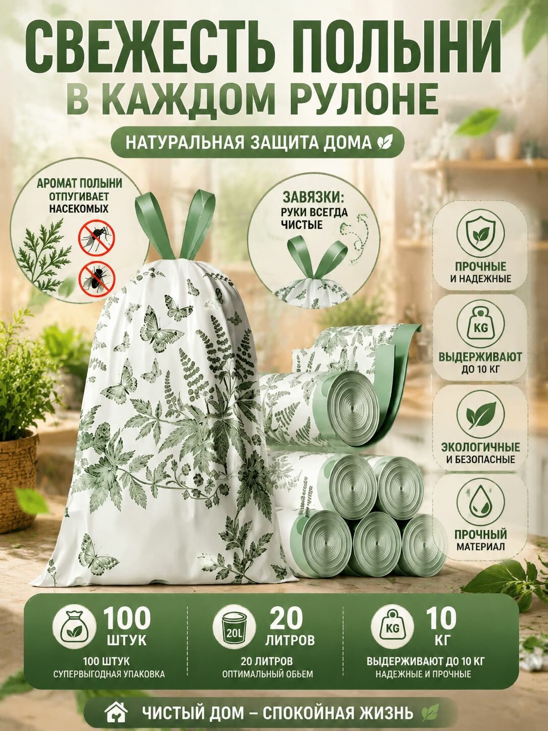 Мешки для мусора 60 л, 20мкм, 100 шт