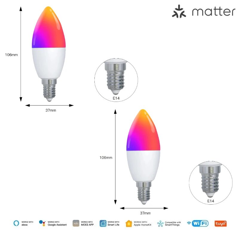 MOES Tuya Matter LED E14 лампа, 16 млн цветов, 2 шт