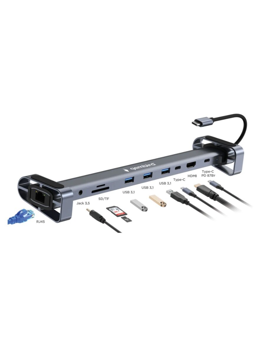 Док-станция Type-C Gembird ,10в1: 3xUSB3.1, PD87W, Jack, SD/TF, HDMI, RJ45, Type-C, кабель 14см (UHB-D5)