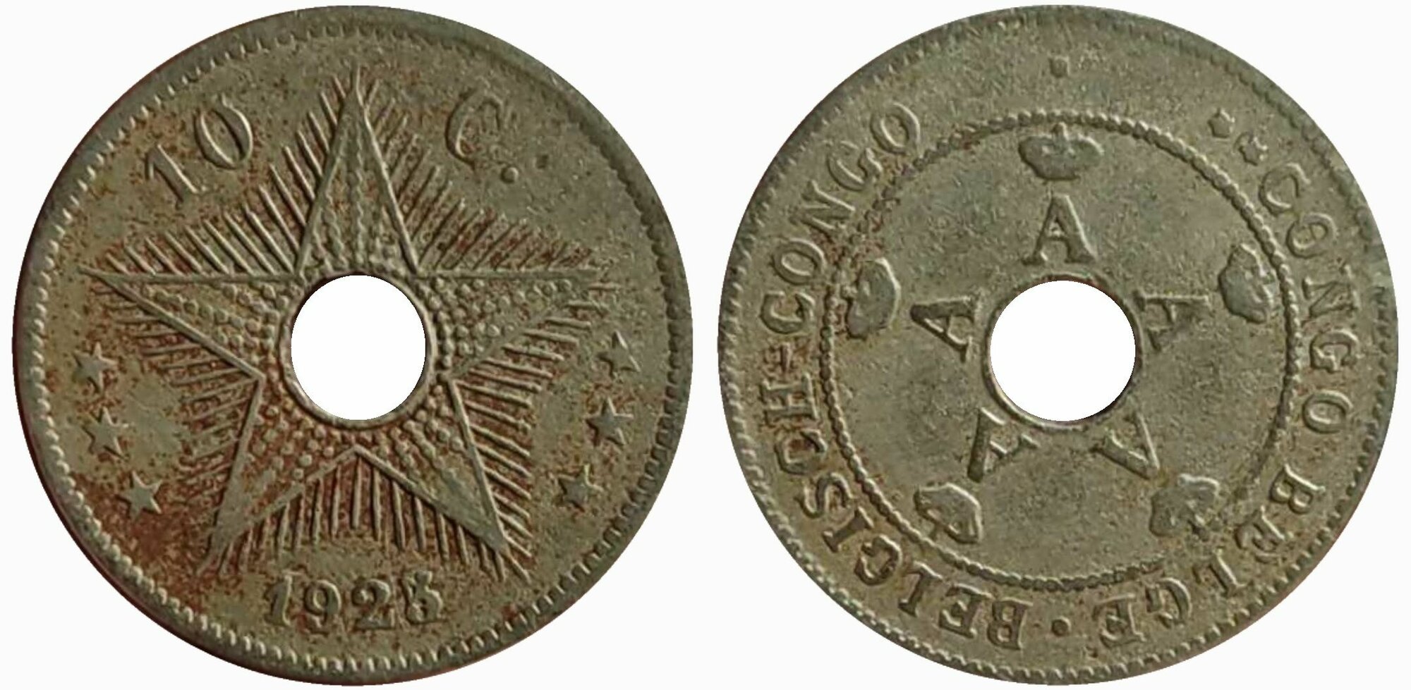 Бельгийское Конго 10 сантимов, 1910 - 1928 Звезда VF