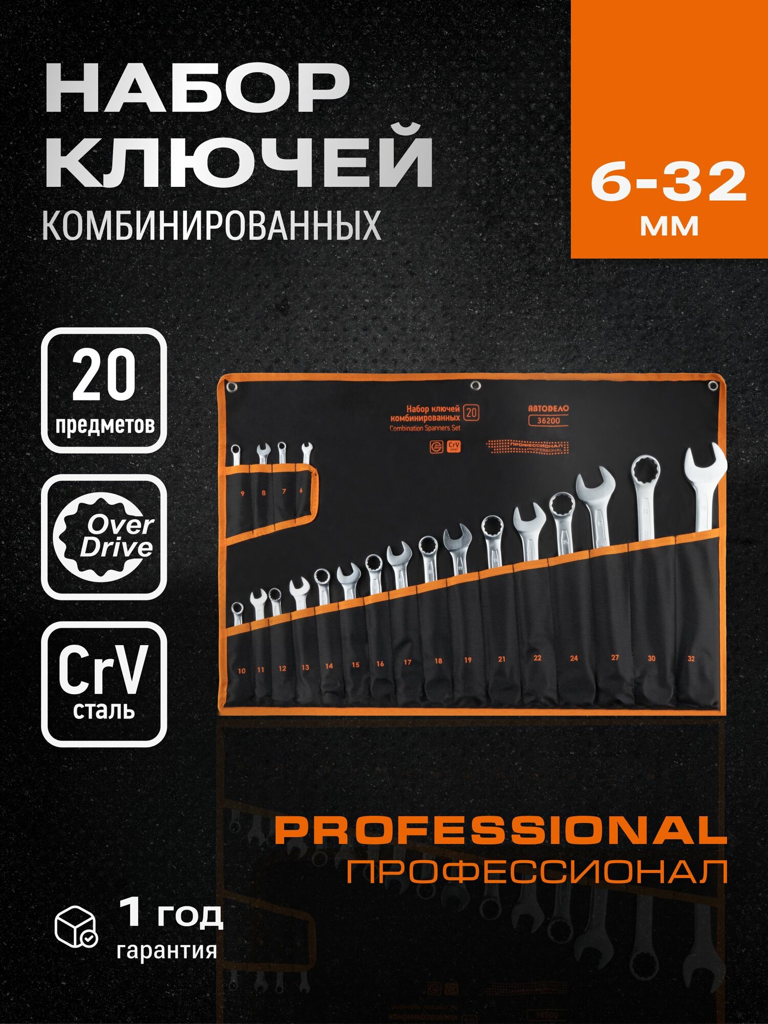Набор ключей 20 шт, комбинированные, профессиональный , авторемонта, АвтоDело 36200