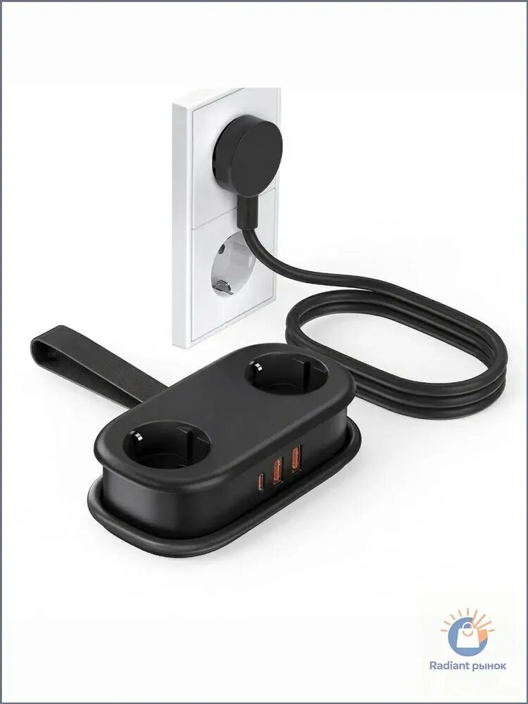 Удлинитель NTONPOWER USB-C PD 20W для круизов и путешествий, портативный разветвитель с намоткой кабеля, плоская вилка, 2 розетки + 3 USB, черный