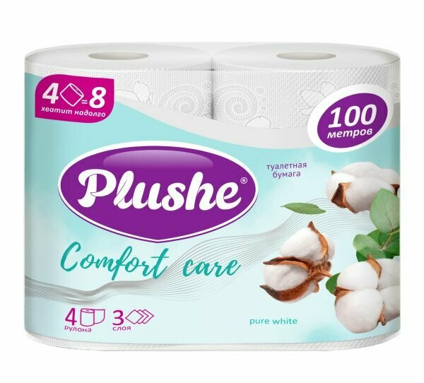 Туалетная бумага Plushe "Comfort care" 3 слоя 25м*4 рулона, 100м