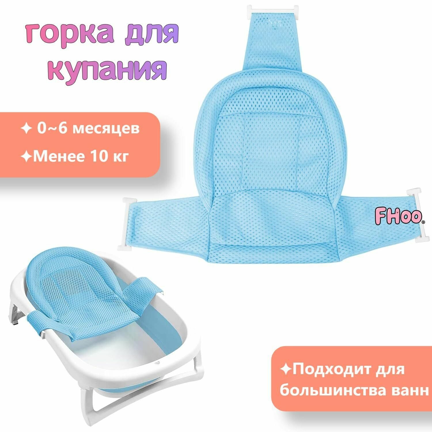 Гамак для купания новорожденных MELL в ванночку / мягкая горка с креплениями для поддержки для малышей / купальный матрасик - подставка для мытья ребенка
